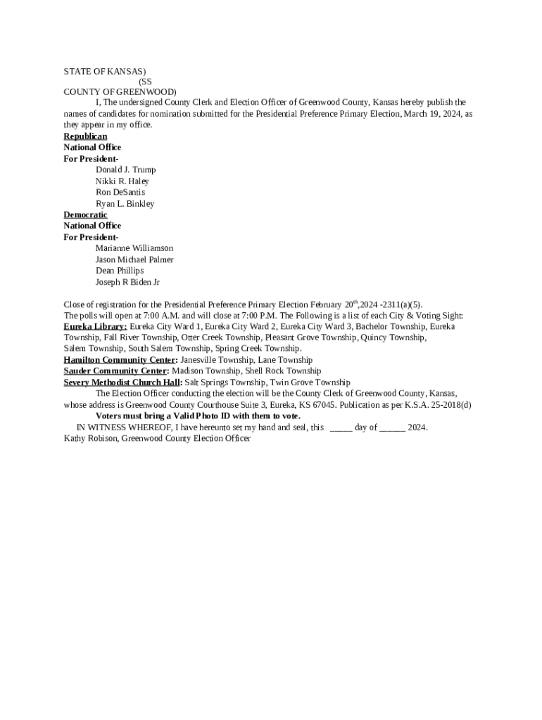 Kansas Independent Nomination Petition Doc Template | pdfFiller