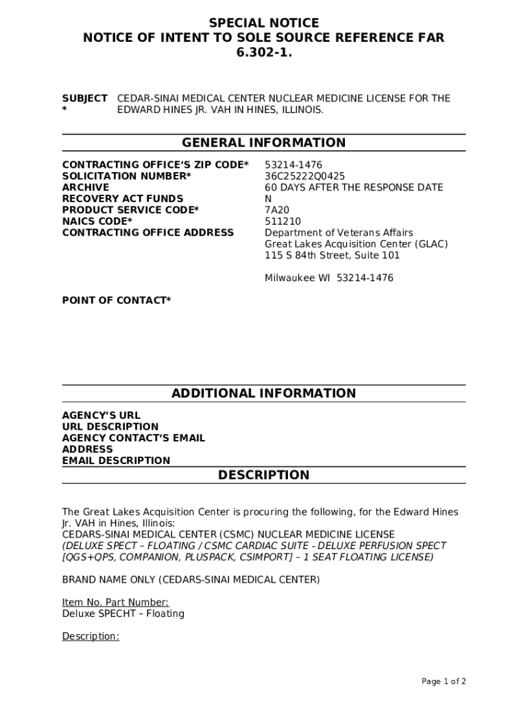 special notice notice of intent to sole source reference far ... Doc Template | pdfFiller