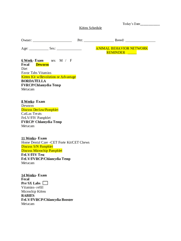 Kitten Deworming Schedule: When, Why & How To ... Doc Template | pdfFiller