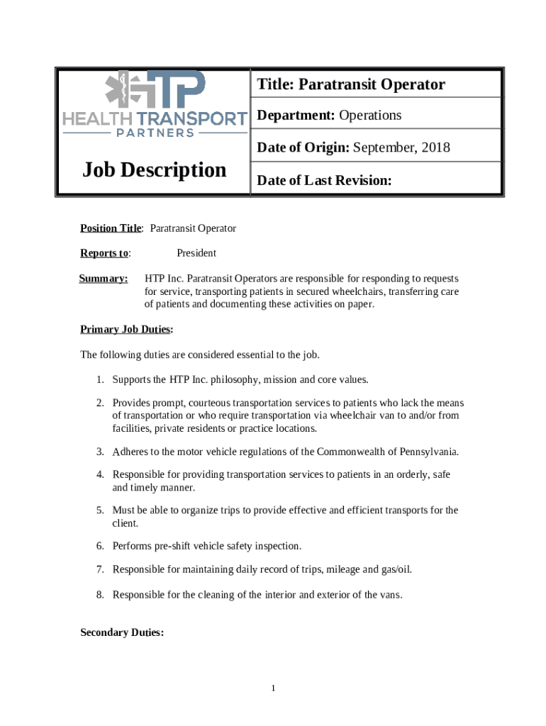 Paratransit Services Vehicle Operator Doc Template | pdfFiller