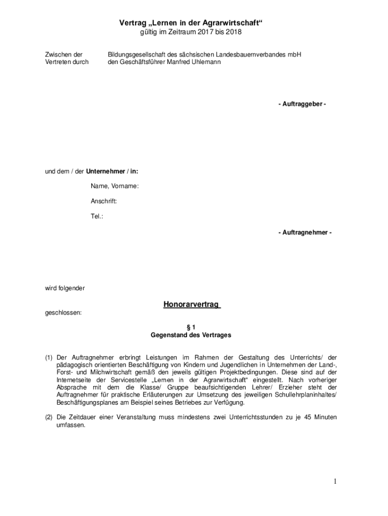 Ausfüllbar Online 1 Vertrag Lernen in der Landwirtschaft Honorarvertrag ...