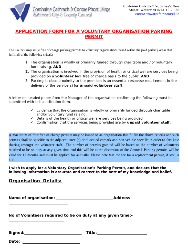 application for a voluntary organisation parking permit Doc Template | pdfFiller