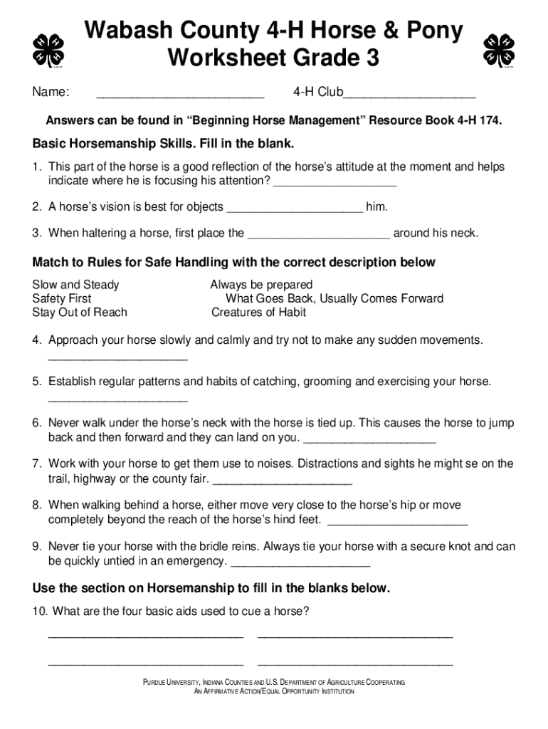 Fillable Online extension purdue Wabash County 4-H Horse & Pony ...