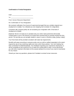RESIGNATION CONFIRMATION LETTER TEMPLATE Doc Template | pdfFiller