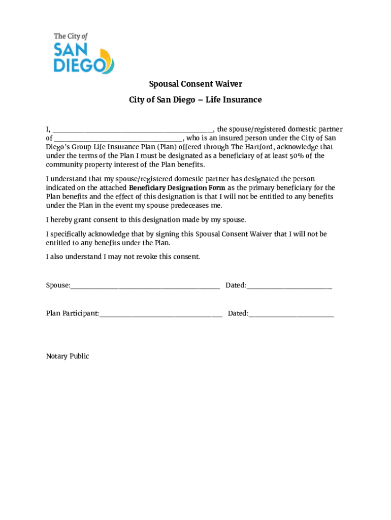 Fillable Online Spousal Consent Waiver City of San DiegoLife Insurance ...