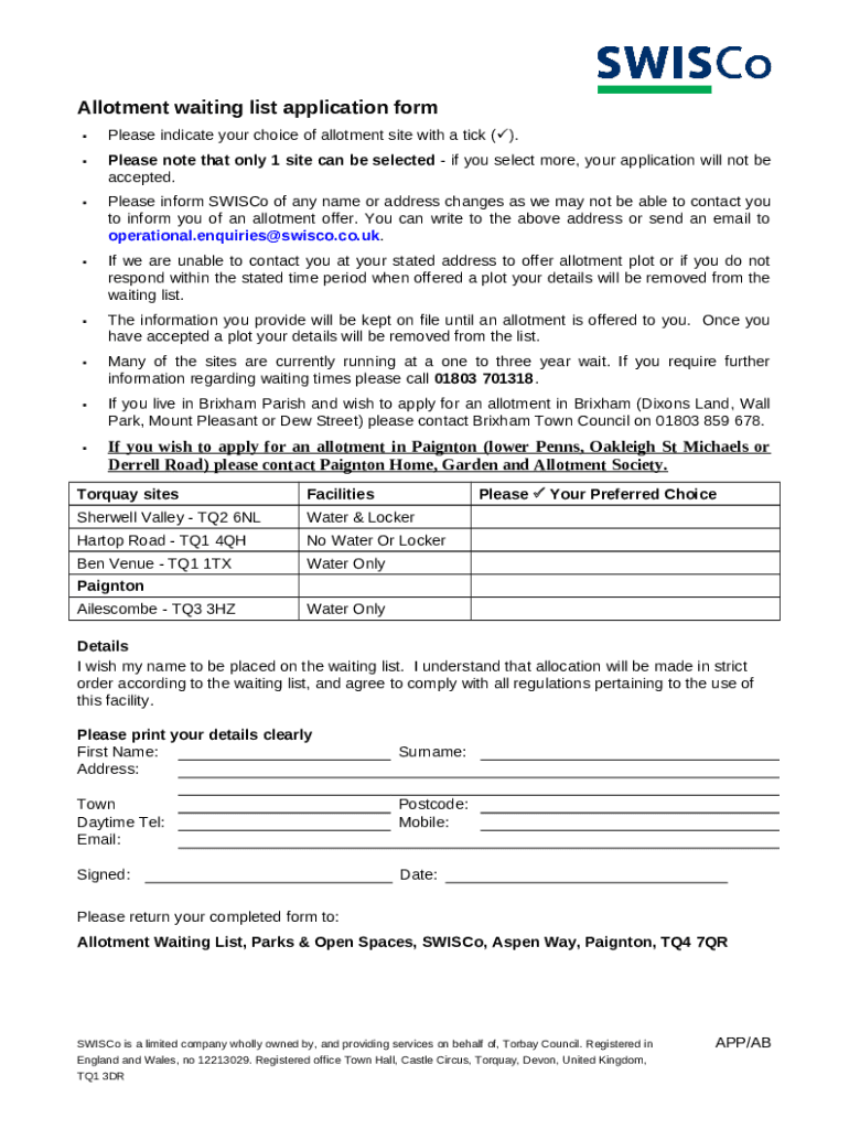 ALLOTMENT GARDEN APPLICATION Doc Template | pdfFiller