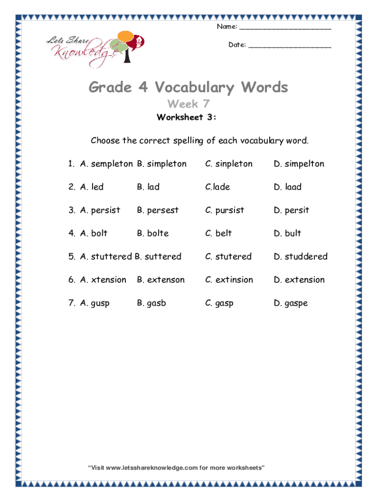 Fillable Online Fourth Grade Spelling Words List - Week 7 - K12reader ...