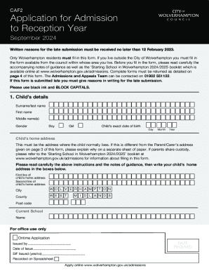 Fillable Online Application for Admission to Reception Year - September 2024. Application for ...