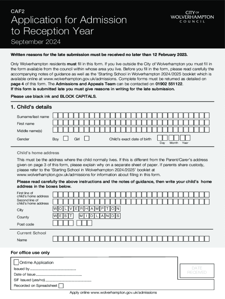 Fillable Online Application for Admission to Reception Year - September 2024. Application for ...