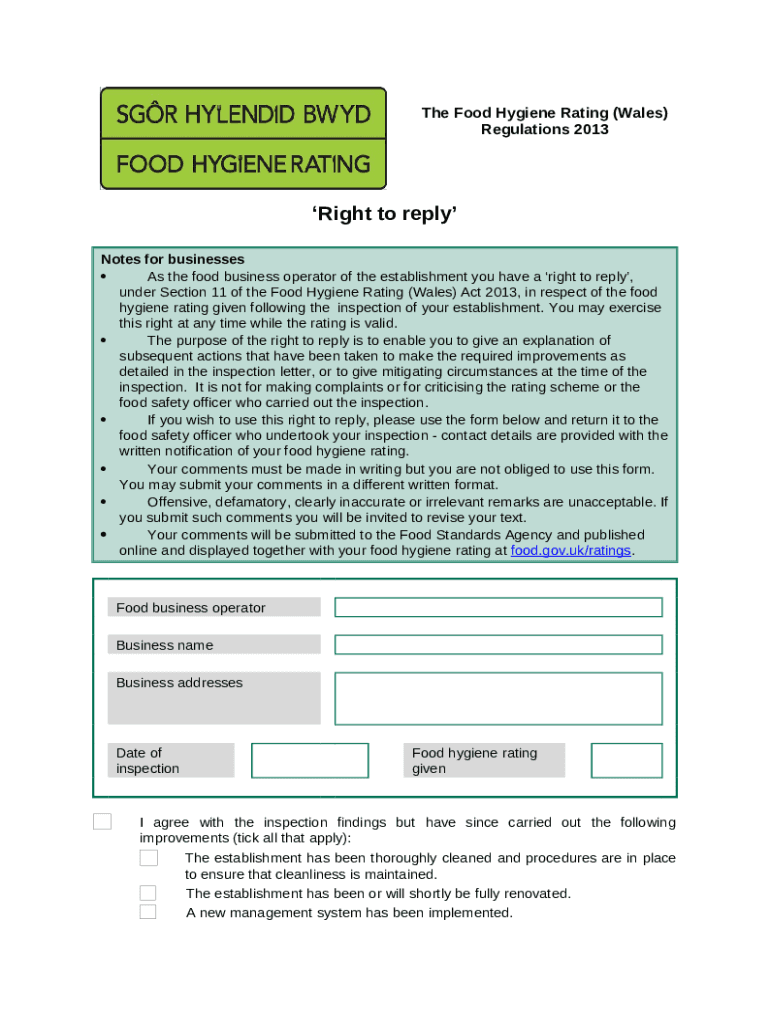 Food Hygiene Rating Scheme - Right to reply Doc Template | pdfFiller