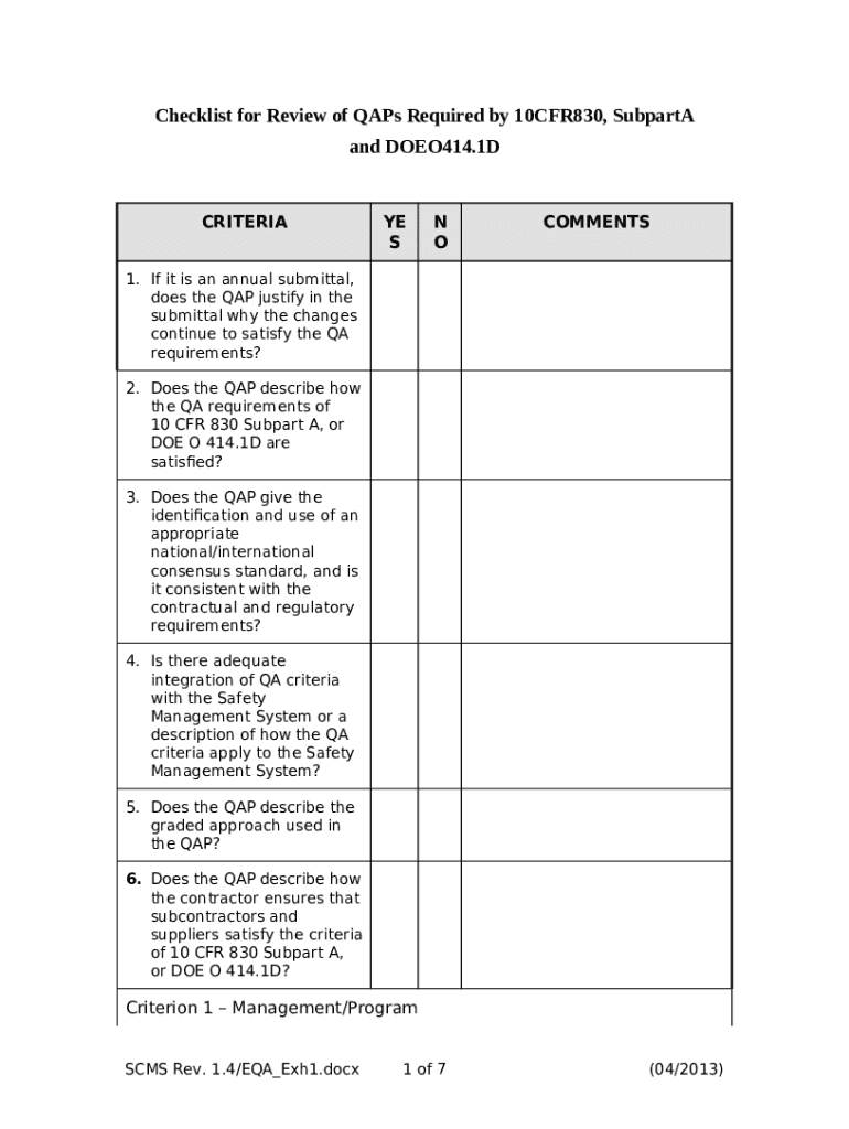 Checklist for Review of QAPs Required by 10 CFR 830, Subpart Aand DOE O 414.1D Doc Template ...