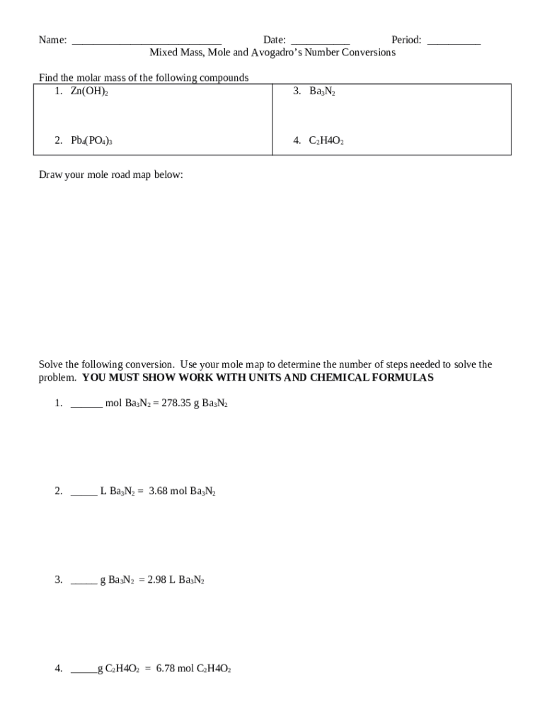 MOLE PROBLEM SET #1: Avogadro's Number and Molar Mass Doc Template ...