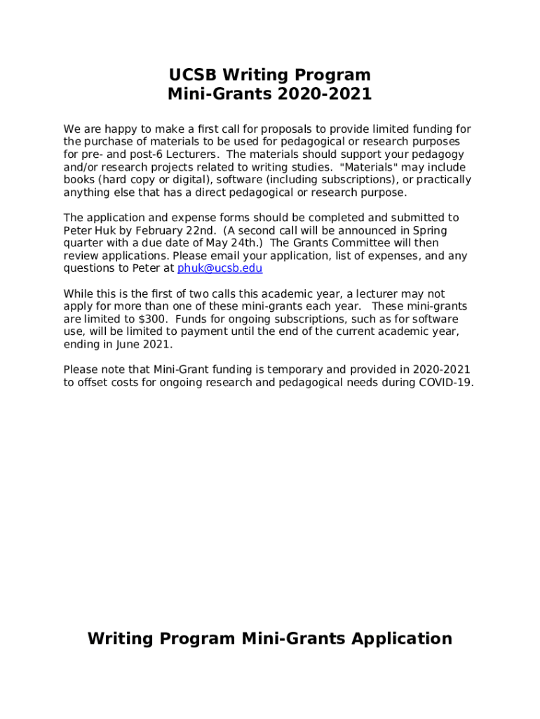 Writing Program Mini-Grants Application Doc Template | pdfFiller