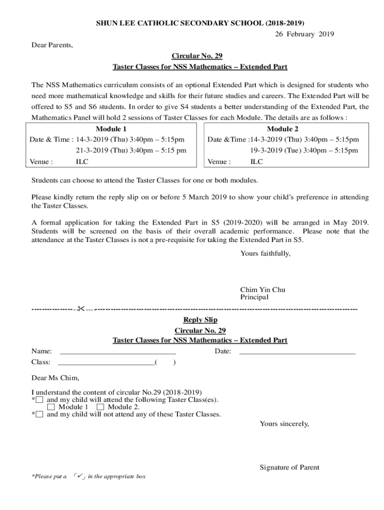 Fillable Online Circular No. 29 Taster Classes for NSS Mathematics Fax ...