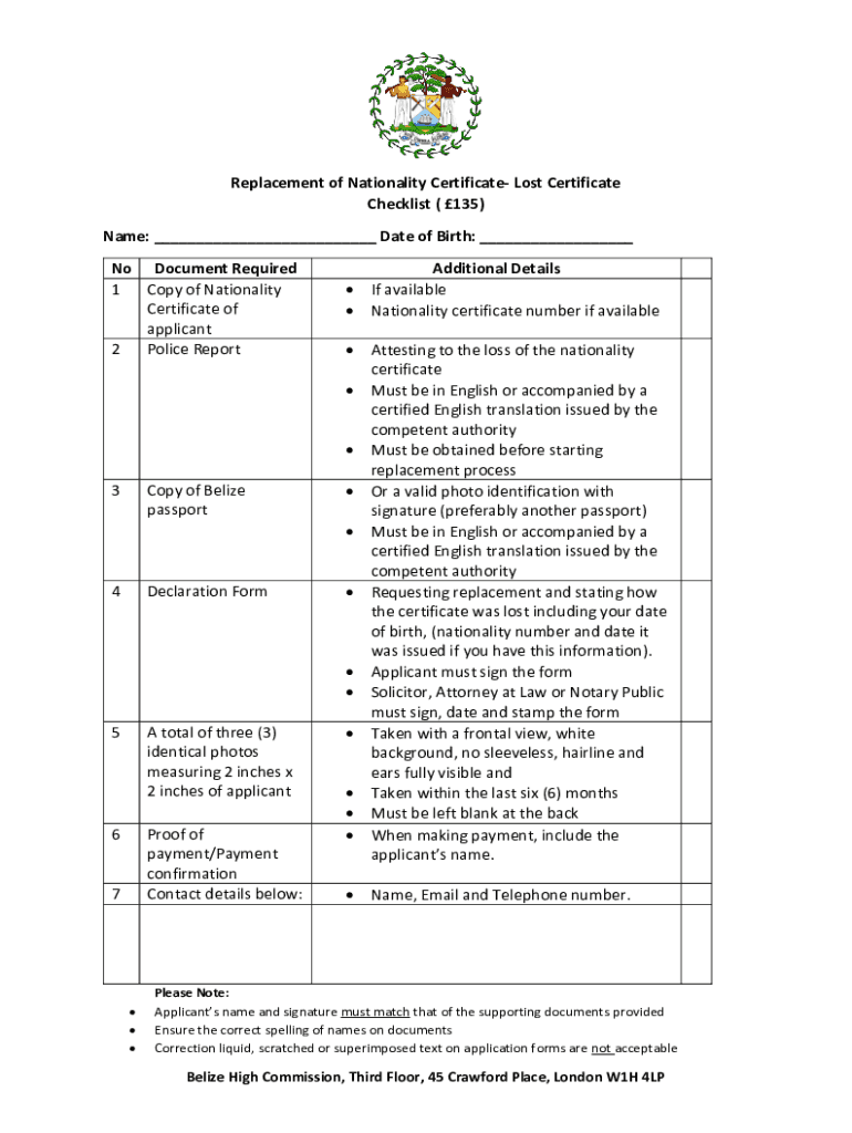 Fillable Online Replacement of Nationality Certificate- Lost ...