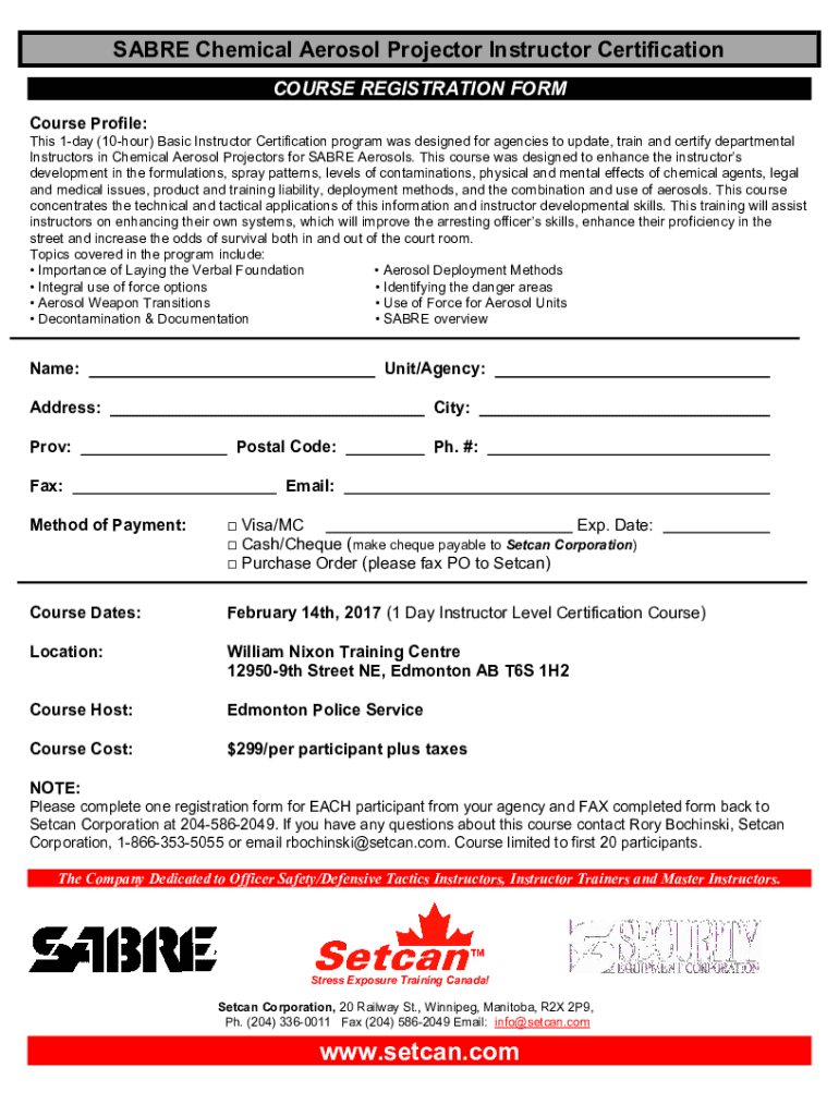 Fillable Online SABRE Offers Chemical Aerosol Projector Instructor ...