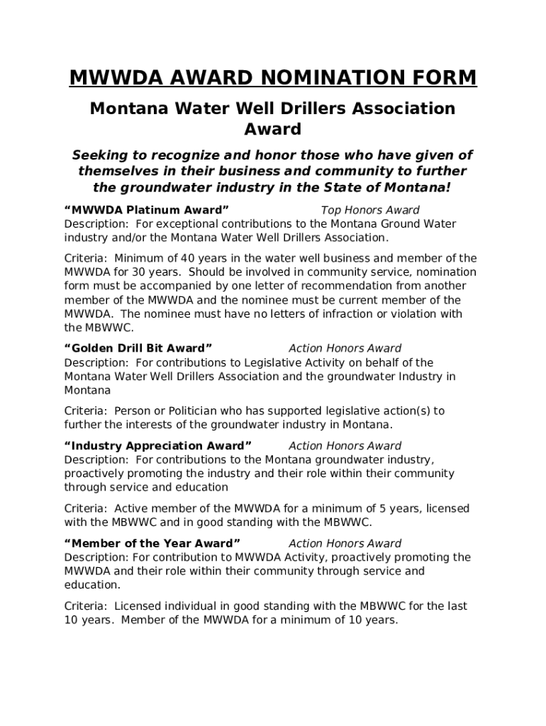MWWDA AWARD NOMINATION . ... Doc Template | pdfFiller