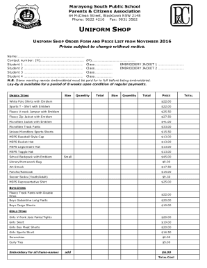 Fillable Online Uniforms and Uniform Shop - Marayong South Public School Fax Email Print - pdfFiller