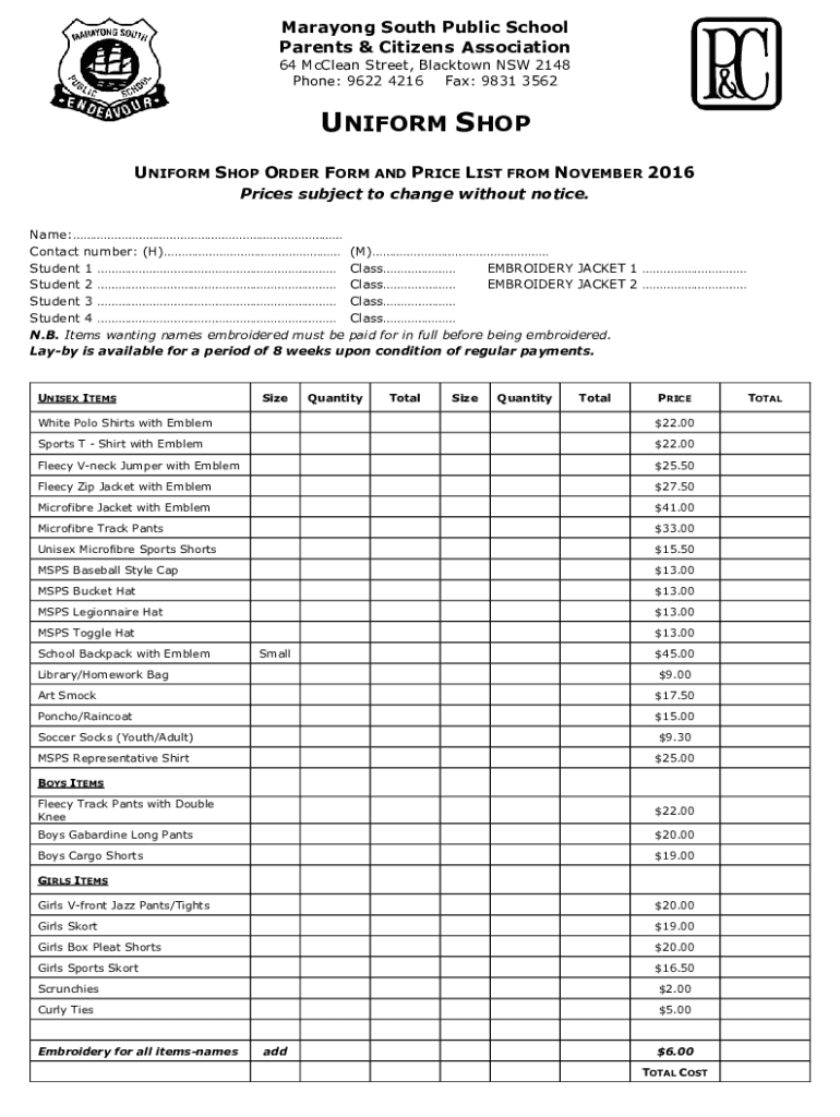 Fillable Online Uniforms and Uniform Shop - Marayong South Public ...