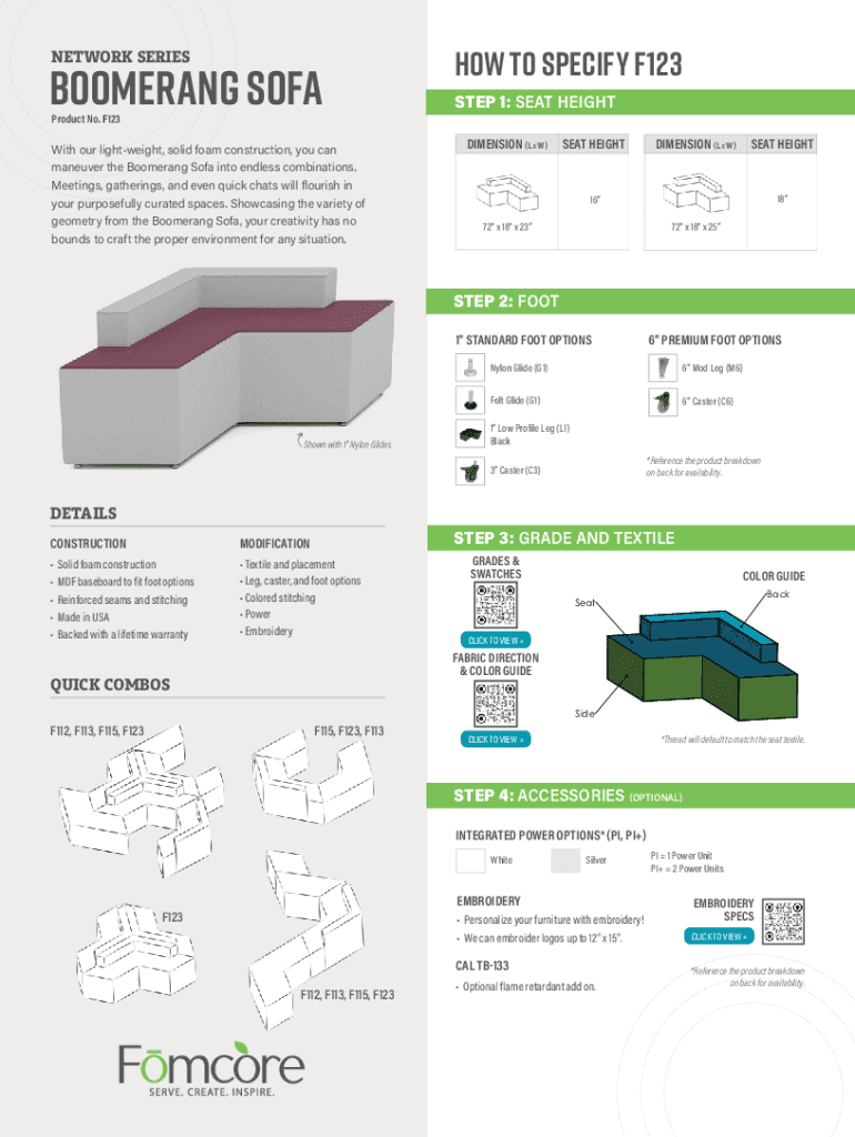 Fillable Online Fomcore Network Series Boomerang Sofa with 100% ALL ...