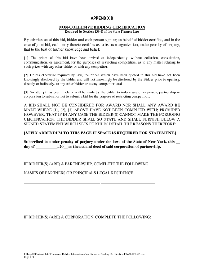 Fillable Online SECTION 139-D Statement of non-collusion in bids ...
