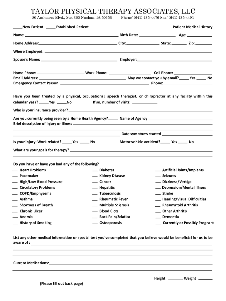 Fillable Online TAYLOR PHYSICAL & OCCUPATIONAL THERAPY Fax Email Print ...