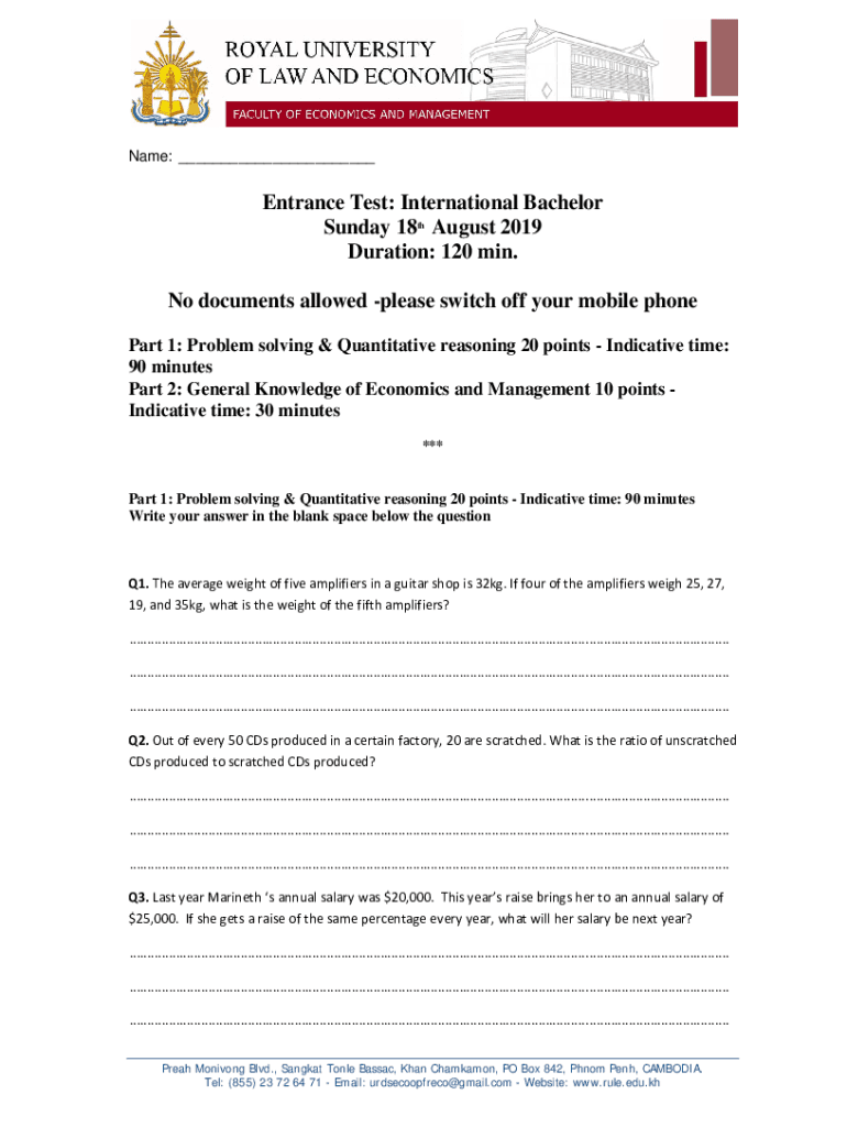 Fillable Online Entrance Test: International Bachelor Sunday 18th ...