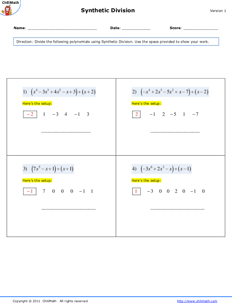 Fillable Online Divide Using Synthetic Division (x4-3x3+3x2-3x+6)(x-2 ...