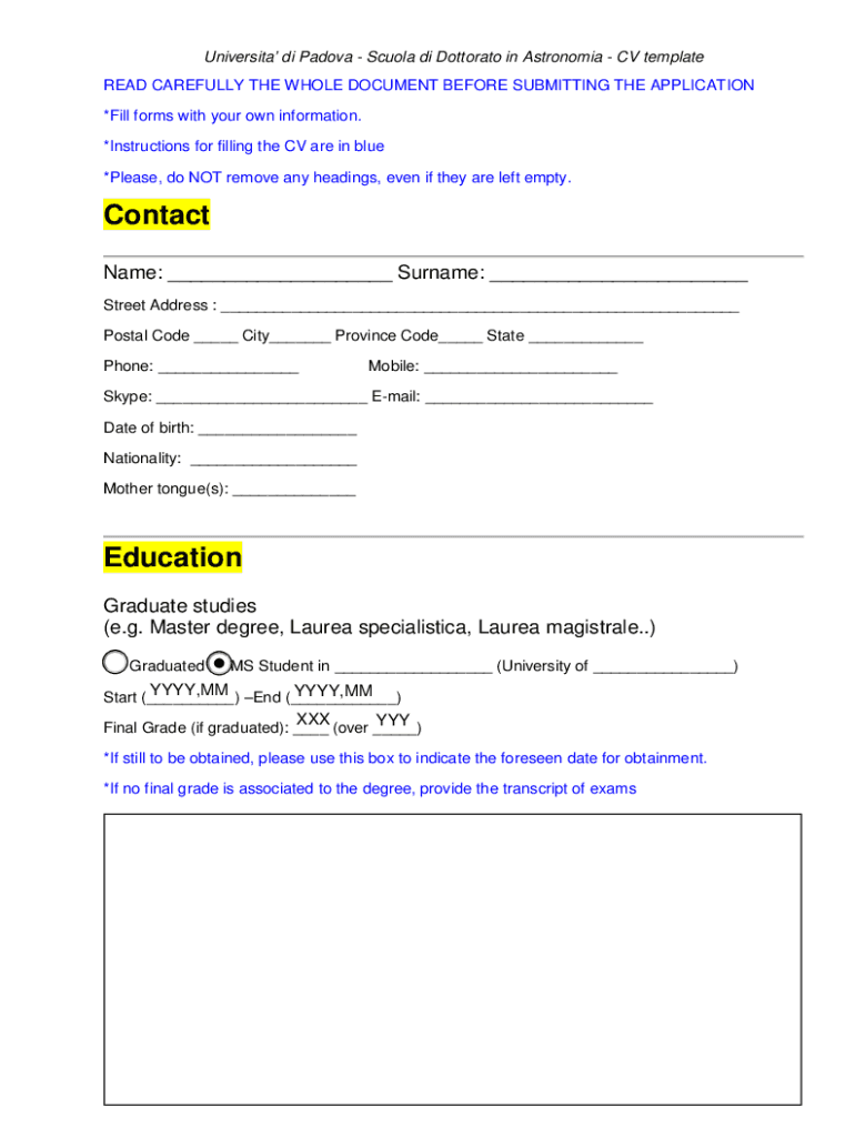 Fillable Online PhD in Astronomy at the University of Padova Fax Email Print - pdfFiller