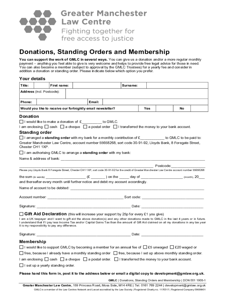 Fillable Online GMLC Donations Standing orders Membership19051 Fax Email Print - pdfFiller