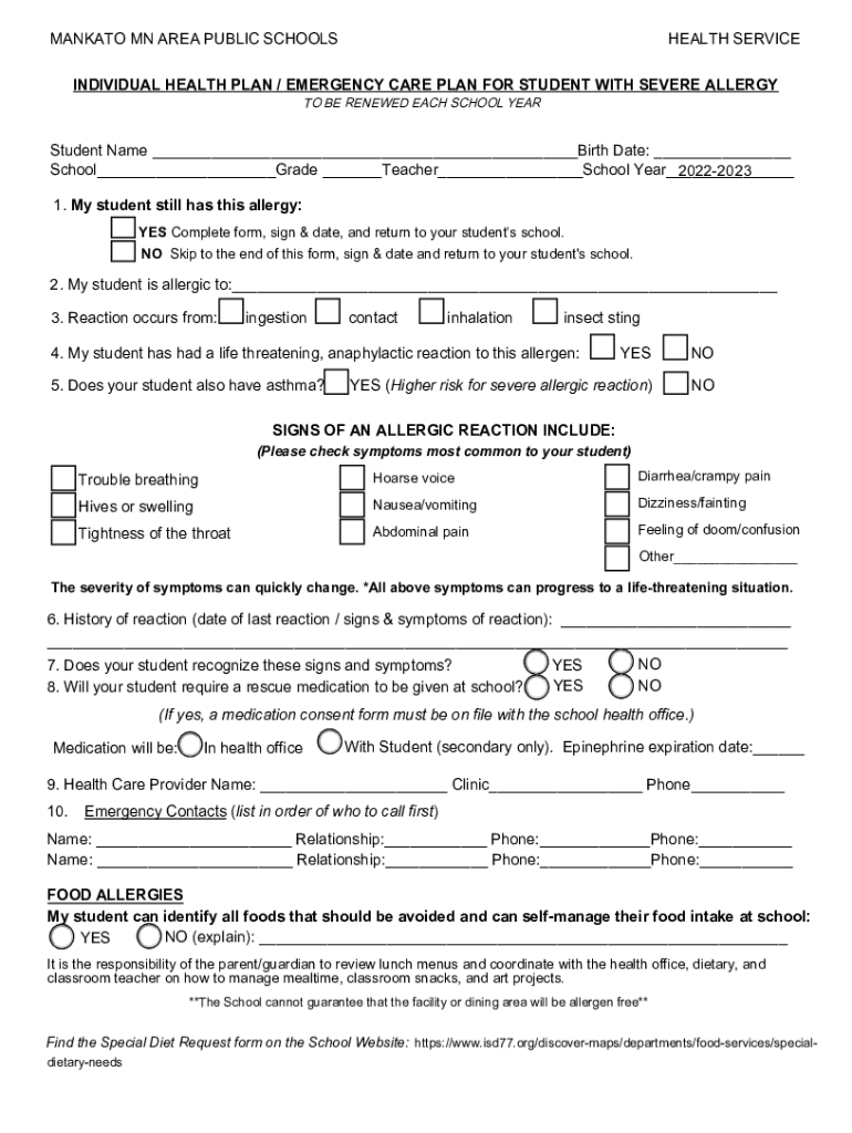 Fillable Online 1 INDIVIDUAL HEALTH CARE PLAN School Year: Student ...