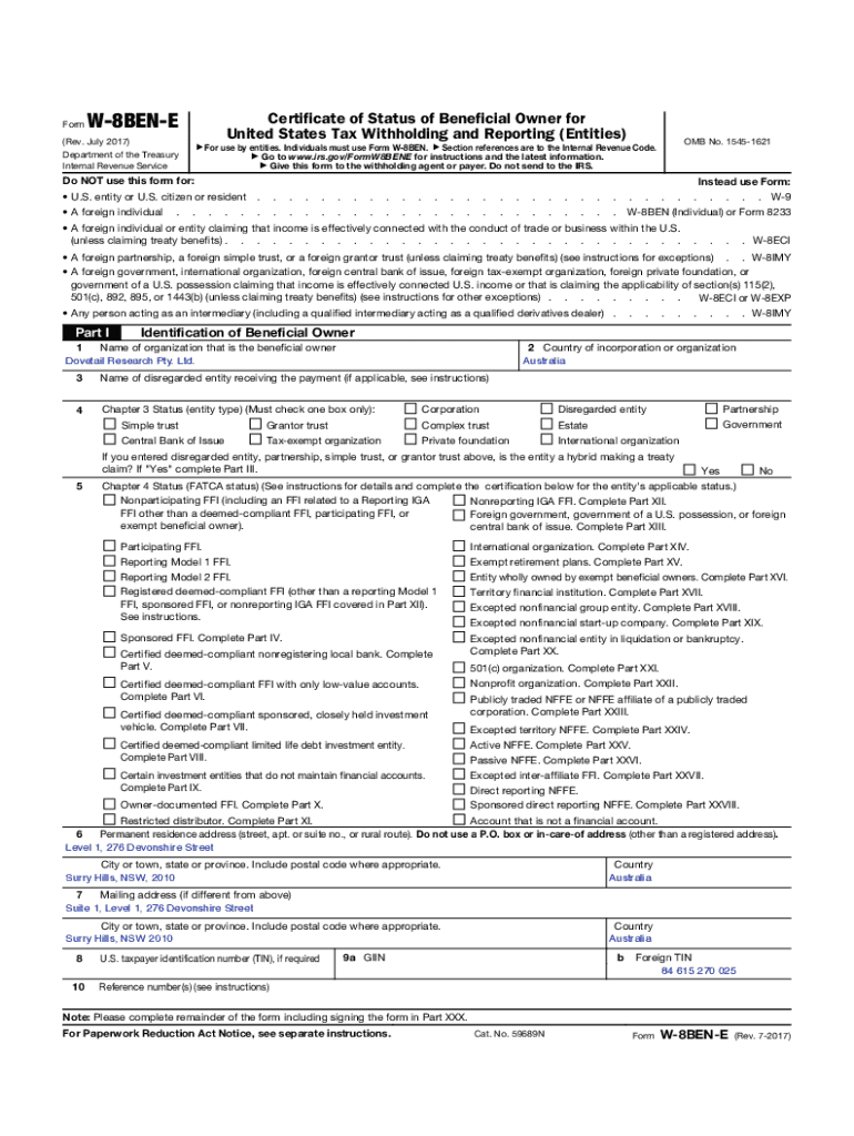 Fillable Online dovetail-w-8-ben-e-form Fax Email Print - pdfFiller