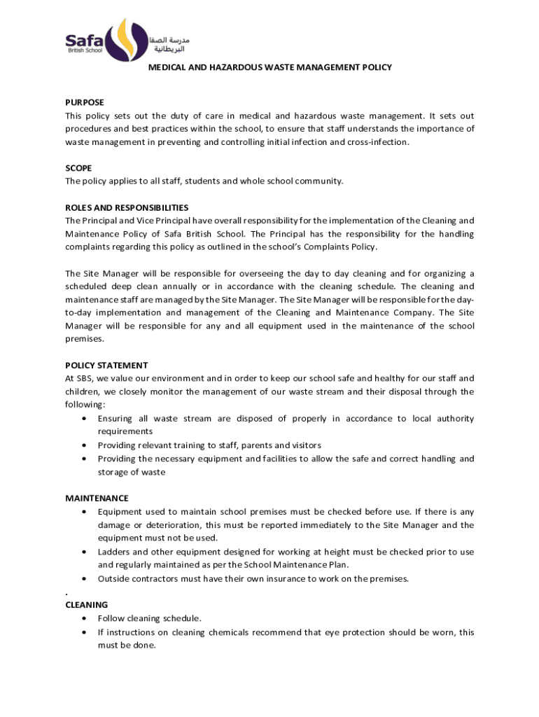 Fillable Online Medical and hazardous waste management policy.docx Fax ...