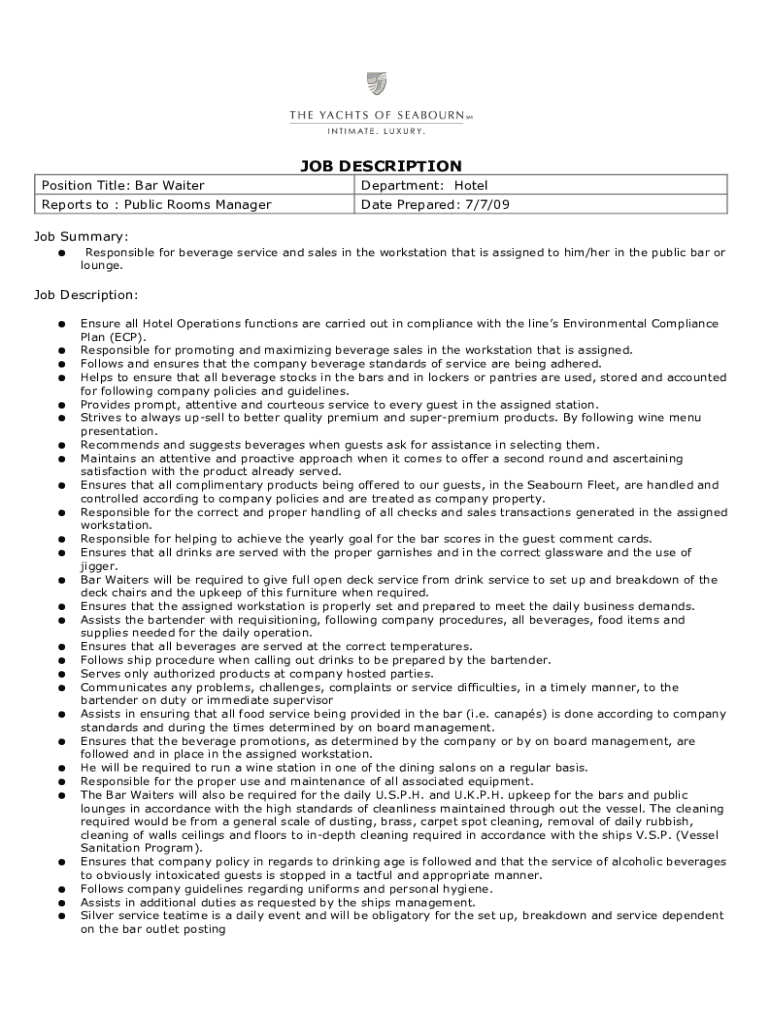 Fillable Online Bar Waiter / Bar Waitress / Cocktail Server - Duties ...