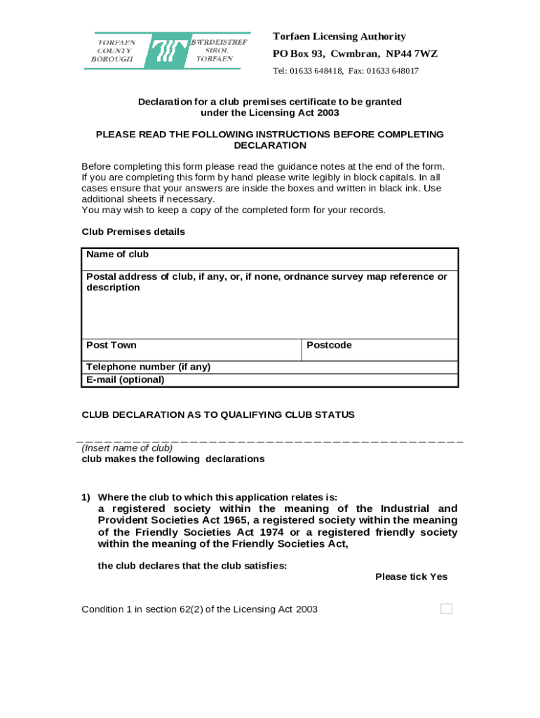 Club Premises Certificate - Applying for a Licence Doc Template | pdfFiller
