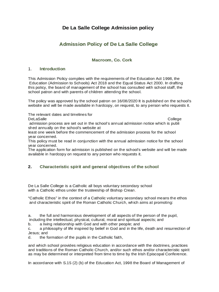 De La Salle College Admission Policy Doc Template | pdfFiller