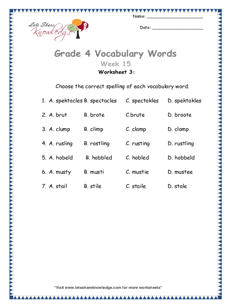 Fillable Online Fourth Grade Spelling Words List - Week 1 - K12Reader ...