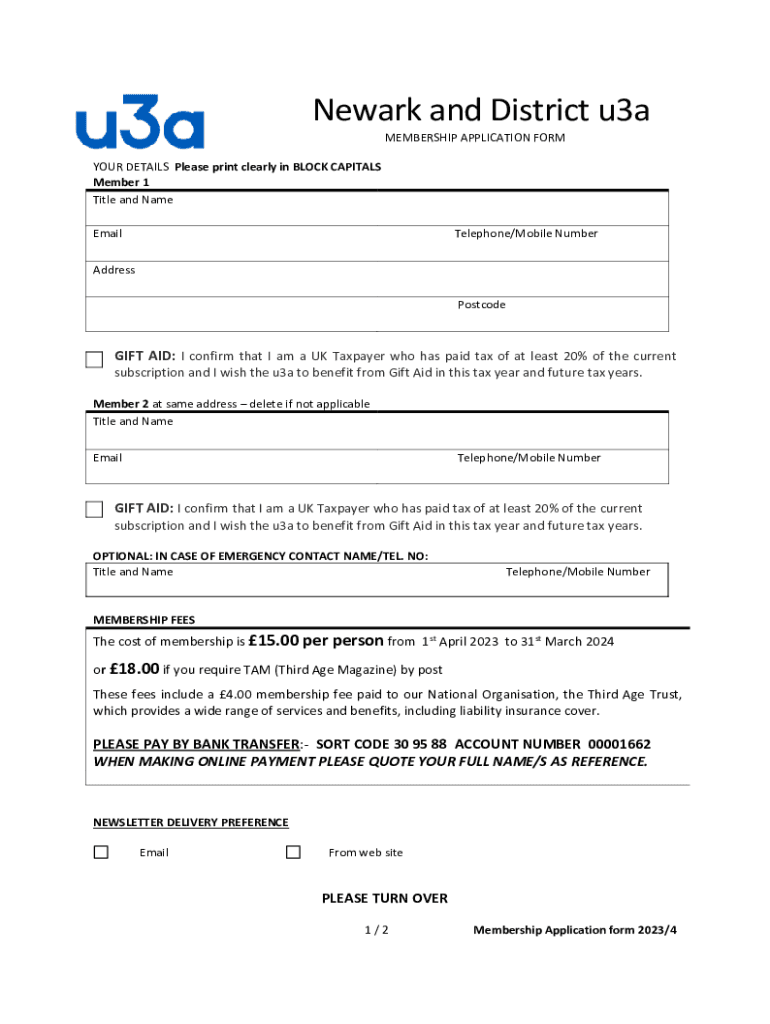 Fillable Online Membership Application Form & Gift Aid Declaration 2023 ...
