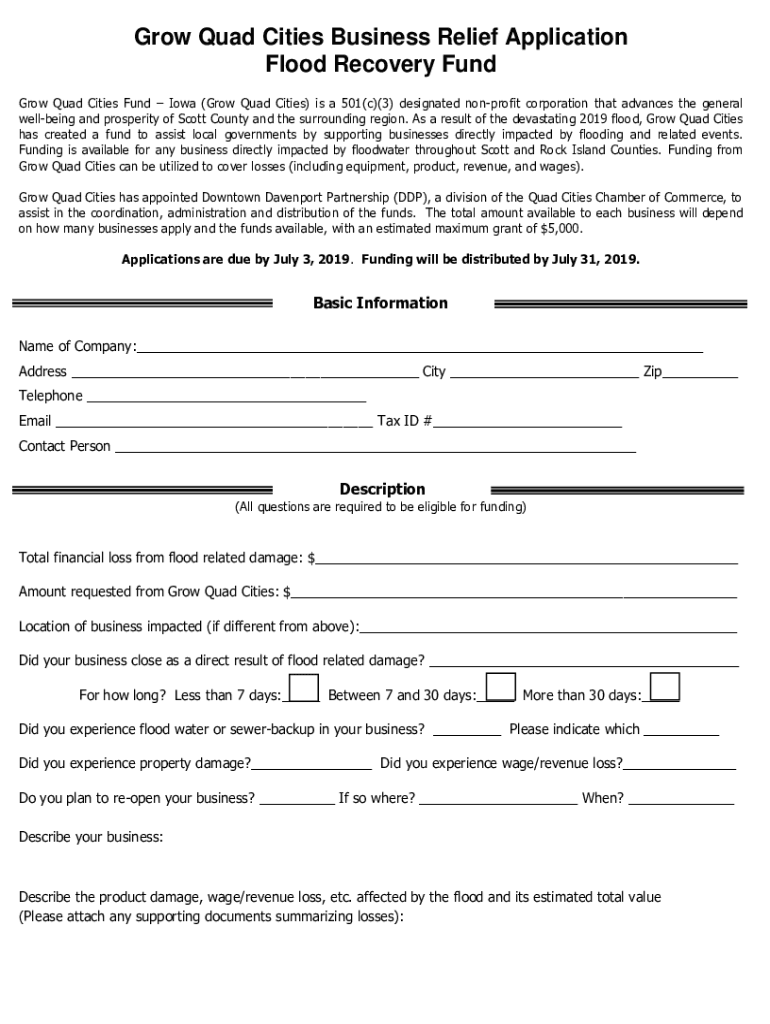 Fillable Online Grow Quad Cities Business Relief Application Flood ...