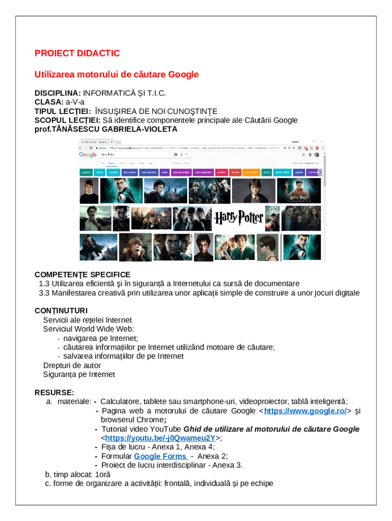 PROIECT DIDACTIC Utilizarea motorului de cutare Google Doc Template | pdfFiller