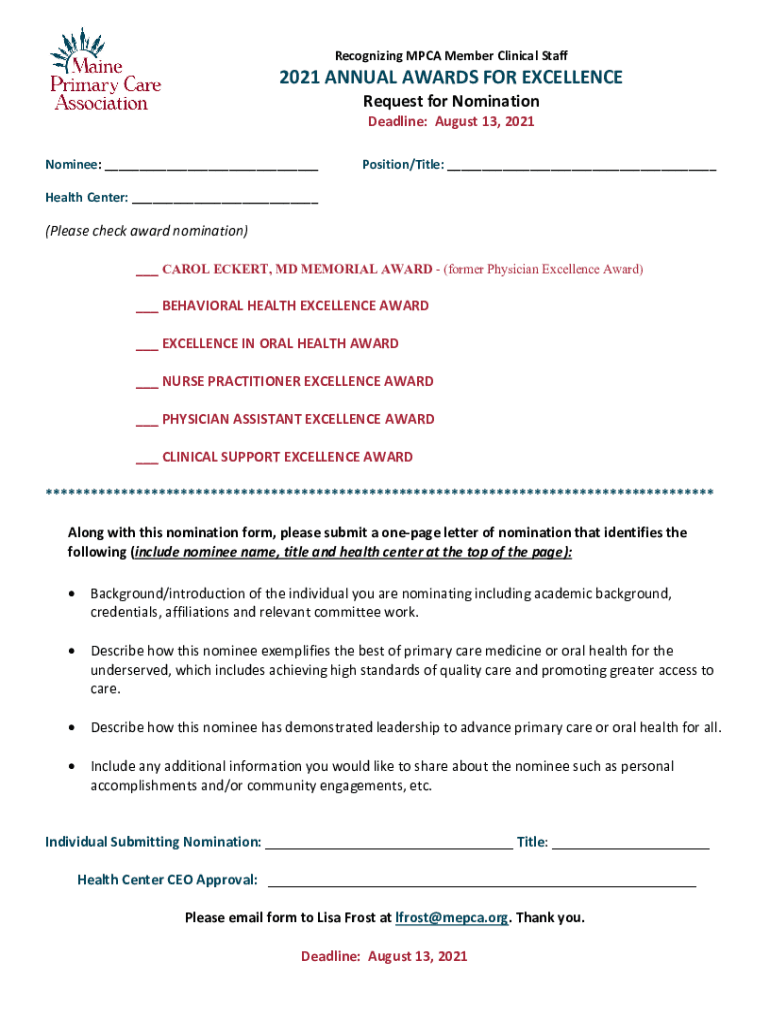 Fillable Online 2021 MPCA Clinical Excellence Nomination Form v2 Fax ...