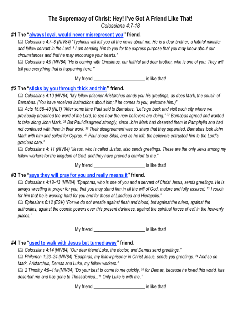 Fillable Online The Supremacy of Christ: Hey! I've Got A Friend Like That! Fax Email Print ...