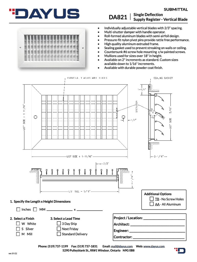 Fillable Online DAVDSingle Deflection Supply Register - Vertical Blades ...