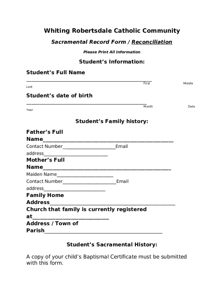 SACRAMENTAL RECORD - St. Joseph Catholic Church Doc Template | pdfFiller