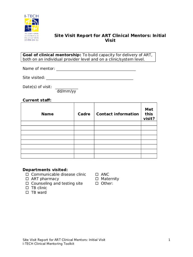Site Visit Report for ART Clinical Mentors: Follow-up Doc Template ...