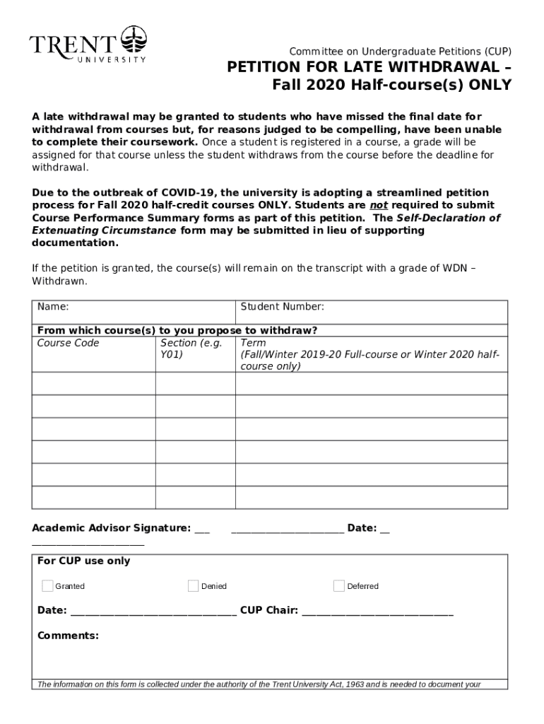 Final date to petition for late withdrawal from Fall courses ... Doc Template | pdfFiller