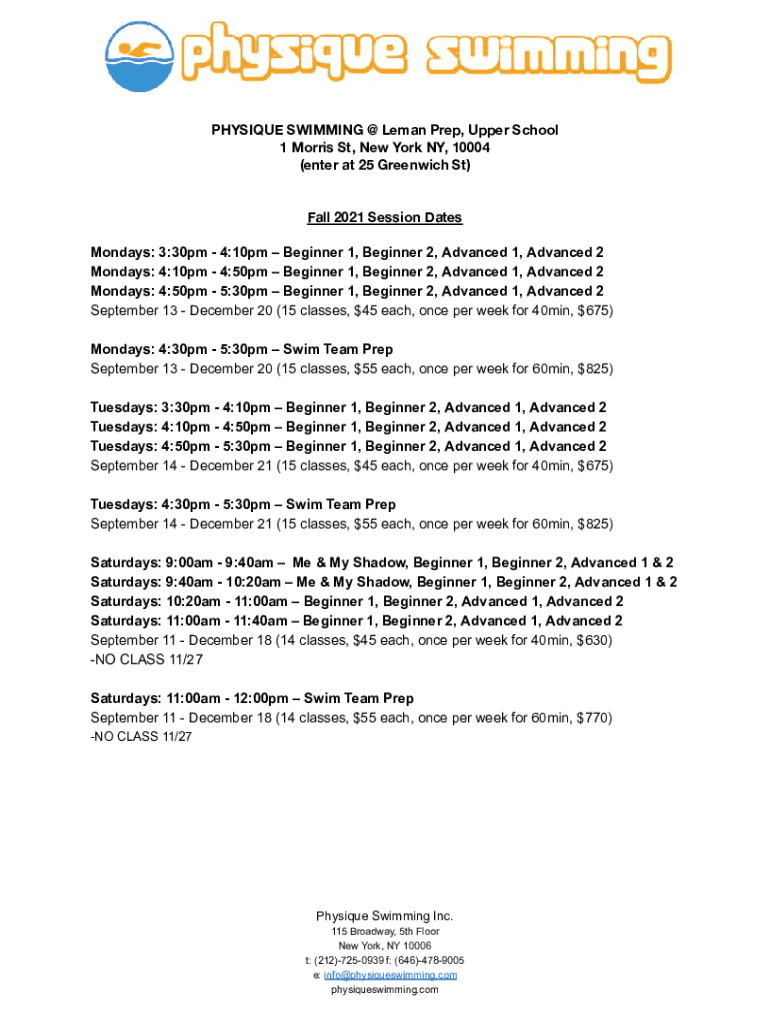 Fillable Online PHYSIQUE SWIMMINGLeman Prep, Upper School Fax Email ...