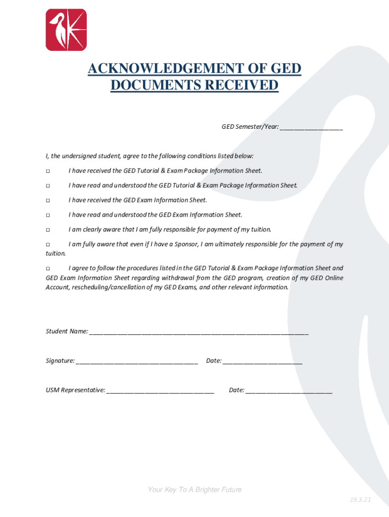 Fillable Online ACKNOWLEDGEMENT OF GED DOCUMENTS RECEIVED Fax Email ...