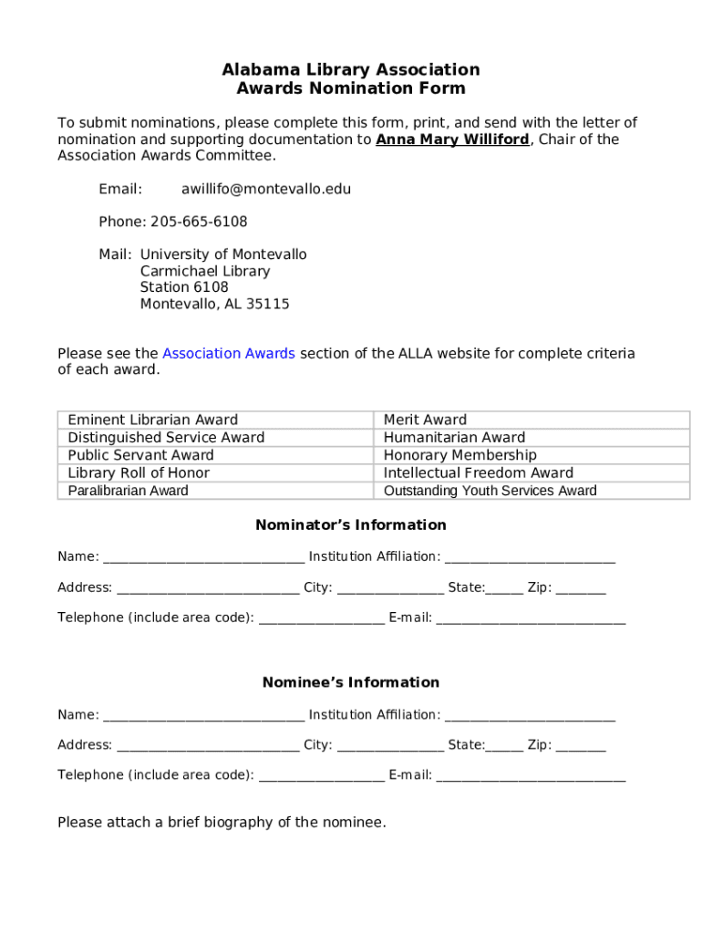 Alabama Library Association Awards Nomination Doc Template | pdfFiller