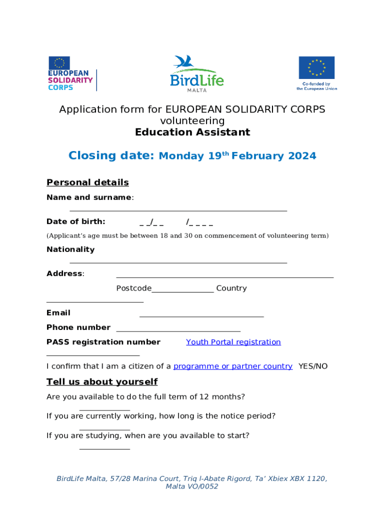 Application for EUROPEAN SOLIDARITY CORPS volunteering Doc Template ...